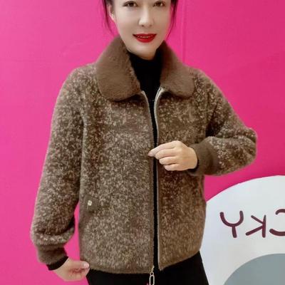 冬季装新款短款休闲针织开衫加厚加绒雪花绒翻领金貂绒拉链女外套