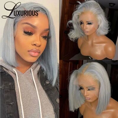 LUXURIOUS Sliver Grey Short Bob Human Hair Wigs For Women 13