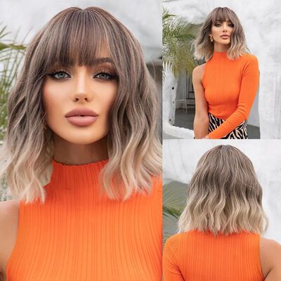 Women Grey Wavy Bob Wigs with Bangs Short Blonde Ombre Synth
