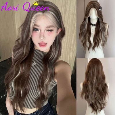 AosiQueen Brown Blonde Long Wavy Synthetic Wigs Middle Part