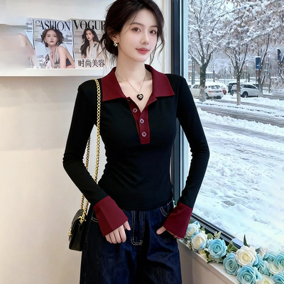 性感纯欲Polo领拼色长袖T恤内搭