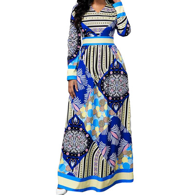 欧美V领时尚印花高腰修身长裙