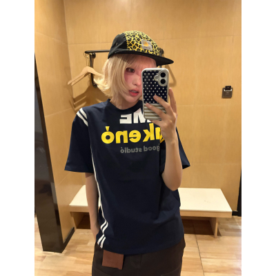 OPUP 潮牌复古T恤男女同款字母印花设计条纹拼接宽松百搭情侣短袖