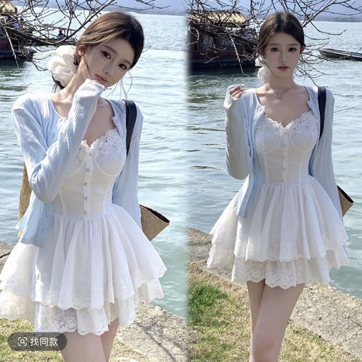 纯欲风仙女小白裙韩系收腰设计拼接蕾丝露肩无袖裙子套装女度假风
