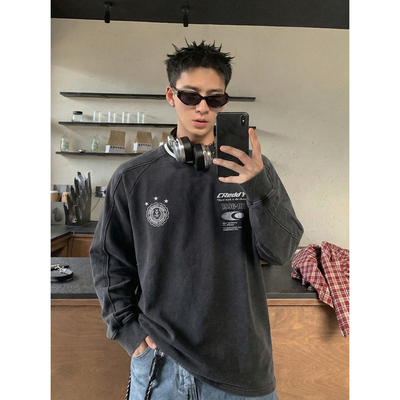 PLTH*美式复古春季做旧水洗数字7长袖T恤男赛车风插肩袖宽松上衣