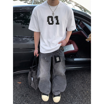 PLTH*美式复古做旧数字01印花短袖T恤男小领口宽松休闲高街半袖潮