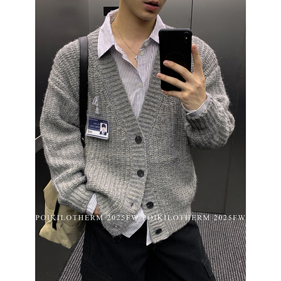 PLTH*韩系学院风复古纯色V领针织开衫男冬季宽松慵懒羊毛毛衣外套