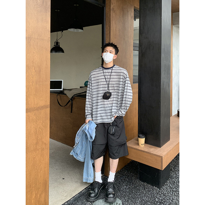 PLTH*美式复古慵懒风条纹撞色薄款防晒长袖罩衫男女透气宽松上衣