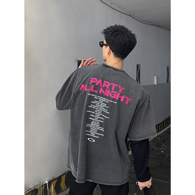 PLTH*美式重磅水洗做旧纯棉小领口宽松版型暗黑原创小众印花T恤男