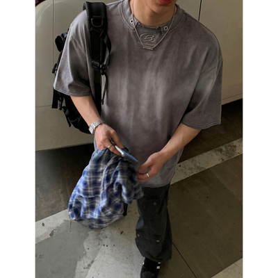 PLTH*夏季小众设计感渐变扎染短袖男美式复古做旧刺绣高街潮牌T恤