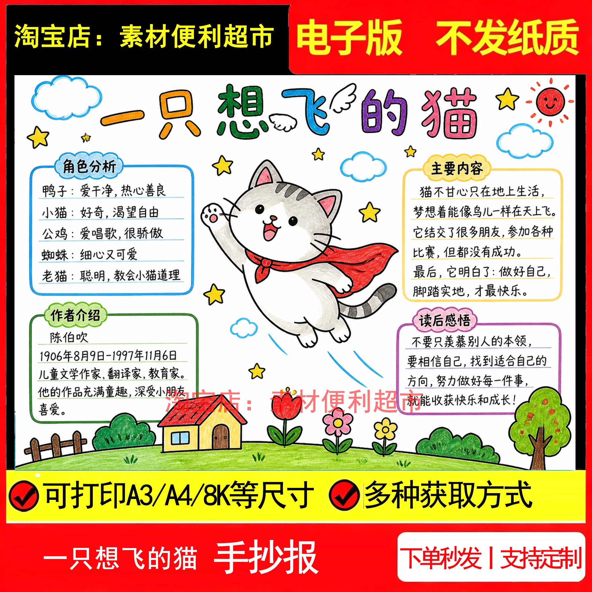 一只想飞的猫思维导图手抄报电子版模板二年级语文课外必读书手绘