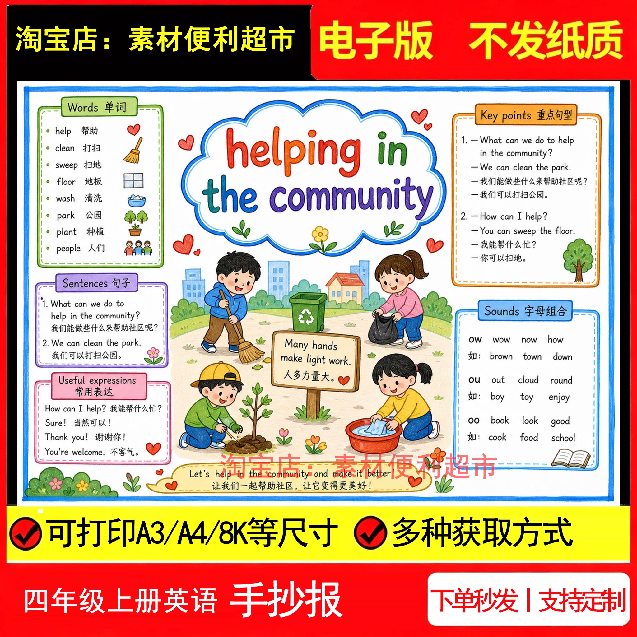 helping in the community社区帮忙手抄报新pep四年级上英语知识