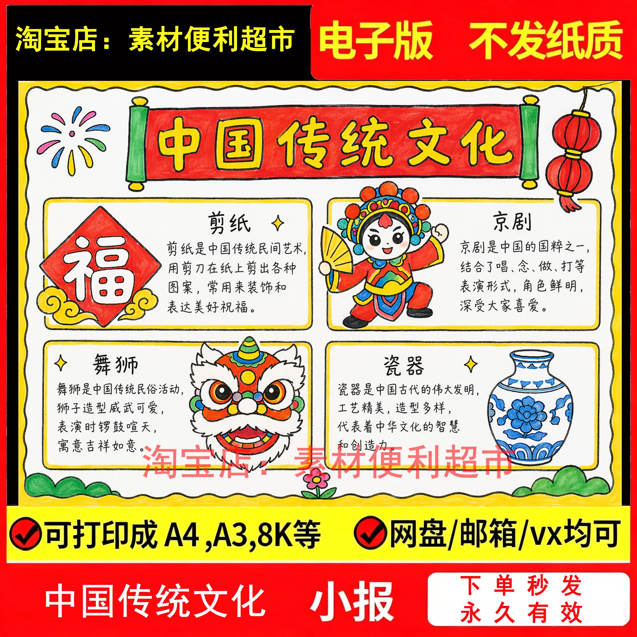 中国传统文化手抄报电子模板非遗传承华国粹戏曲京剧剪纸舞狮瓷器