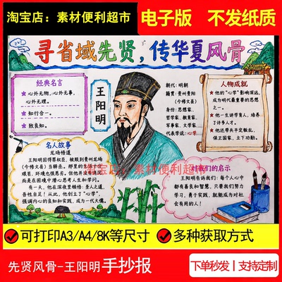 寻省域先贤传华夏风骨手抄报电子模板王阳明历史名人线稿手绘小报