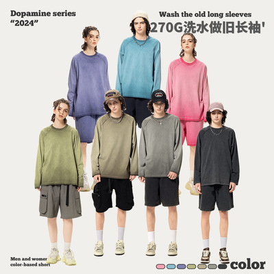 RS男装|270G水洗长袖t恤男ins炒雪花做旧男士全棉t恤重磅2024潮牌