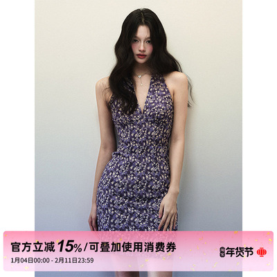 1P STUDIO 深紫色米黄碎花挂脖连衣裙女秋冬收腰露背V领无袖短裙
