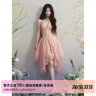 1P STUDIO 橘粉色晕染印花V领连衣裙女秋装不规则荷叶边无袖短裙