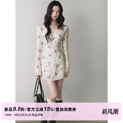1PSTUDIO【新品限时9.5折】花朵印花V领长袖连衣裙女收腰修身短裙