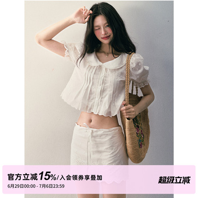 1P STUDIO 白色纯棉波点绣花娃娃领衬衫+蝴蝶结抽绳裙裤两件套装