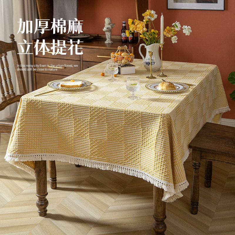 新款轻奢复古餐桌布棉麻流苏茶几 桌盖布长方形书桌台布加厚盖巾
