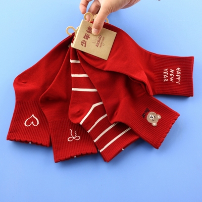 爱嘀嗒少年袜大码儿童女生袜子条纹红色新年袜亲子袜中筒厚棉运动