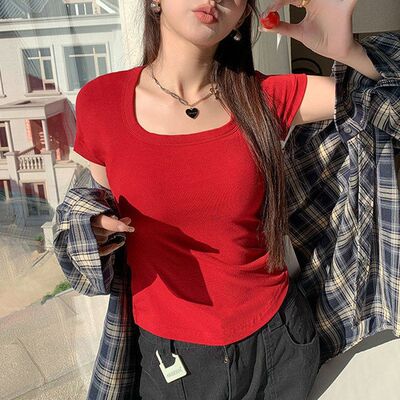 简约百搭风方领纯色t恤女8824短袖珍珠粉润肤养胸背心上衣带胸垫