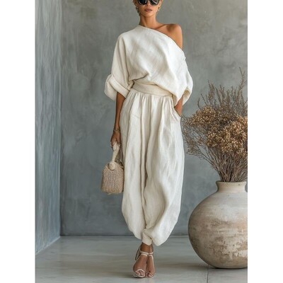 2pcs Set OffShoulder Loose Top And Jogger Pants Relaxed
