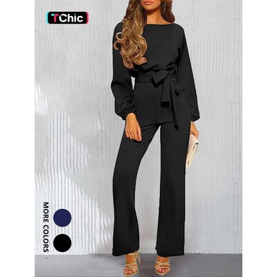 Women's Solid Color Belted Keyhole Neckline Jumpsuit