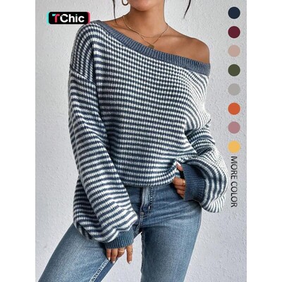 Womens Striped DropShoulder Sweater Casual Bishop Sleeve
