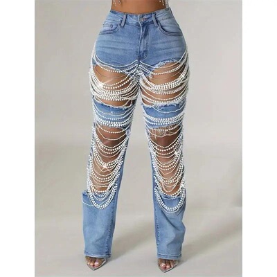 Straight Leg Jeans for Women MidRise Distressed Ripped Hole
