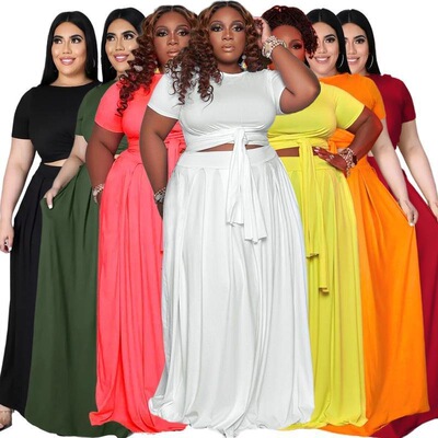 Womens Plus Size 2 Piece Dress Outfits Solid Color Crop Top