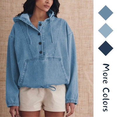 Womens Denim Hoodie Jacket Lightweight Button Up Jean