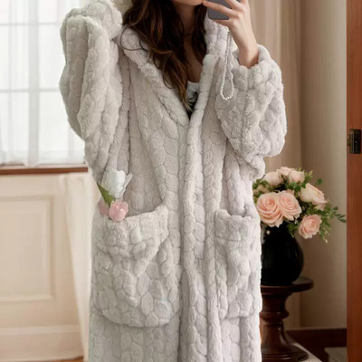 Women's Cozy Coral Fleece Hooded Robe Warm Soft Lounge