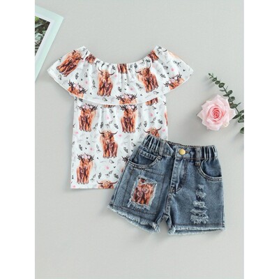M 48361 Floral Print Top and Shorts Set 女童牛仔套装 跨境代