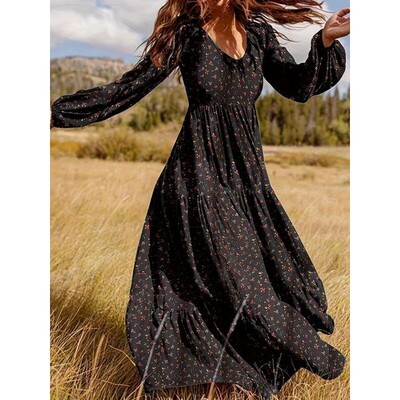 Womens Ditsy Floral Print Bishop Sleeve A Line Dress Boho