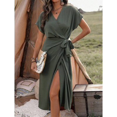 S 58528 Satin Split Wrap Midi Dress 锻面开叉裹身裙跨境外