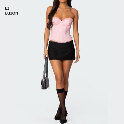 Women Y2k Bustier Corset Tops Sexy Strapless Lace Up Boned