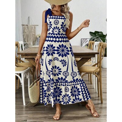 Womens Floral Print Tie Shoulder Dress Casual Bohemian