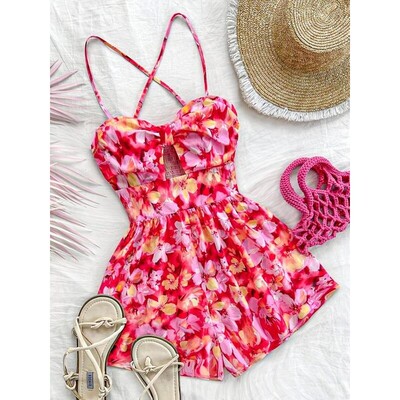Womens Floral Print Cut Out Fitted Romper Casual Sleeveless