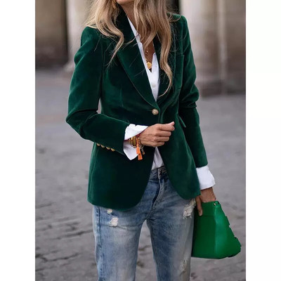 Elegant Women's Green Velvet Blazer Chic Retro Single
