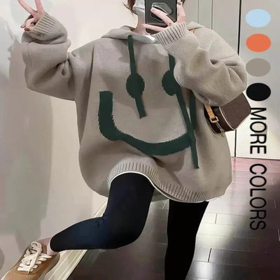 Women's Cartoon Face Print Drop Shoulder Hooded Sweater