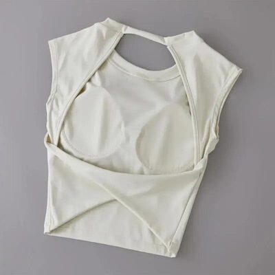 Womens Fixed Chest Pad Yoga Top ShortSleeved Backless