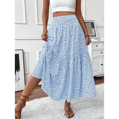 Womens Ditsy Floral Print A Line Ruffle Hem Skirt Boho