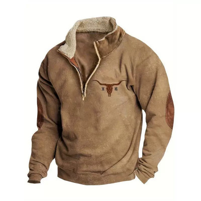 Men'S Western Fleece Jacket Cowboy Bull Head Print Pullover