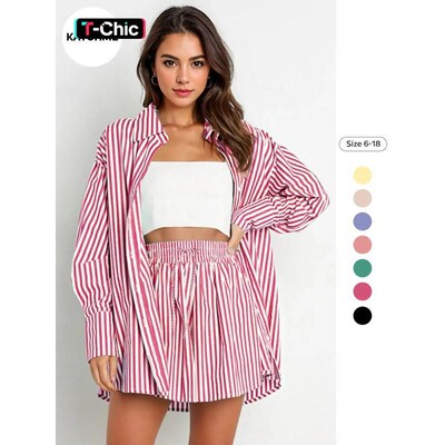 Womens Casual Striped Shirt and Pants Set Long Sleeve Button