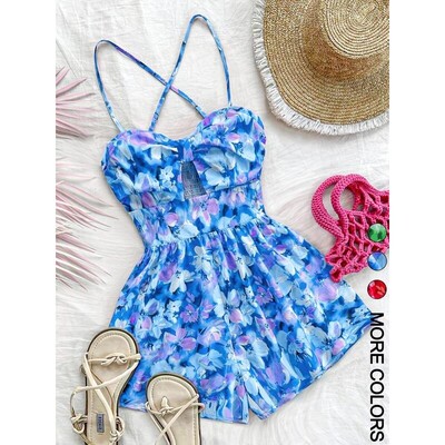 Floral print cutout crossstrap jumpsuit Romper near the