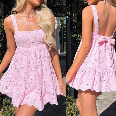 Women Back Bow Mini Dress Solid Color Ruffle Flowy Babydoll