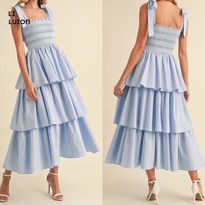 Womens Smocked Bow Strap Tiered Midi Dress BlueBlack Long