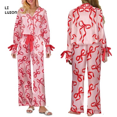 Women Valentines Pajamas Bow Print Lape Long Sleeve Button