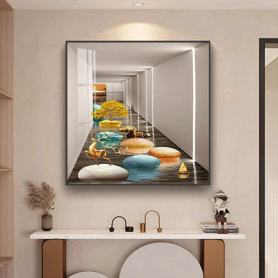 现代简约客厅装饰画 正方形玄关挂画 发财鹿主题70x70cm晶瓷镶钻